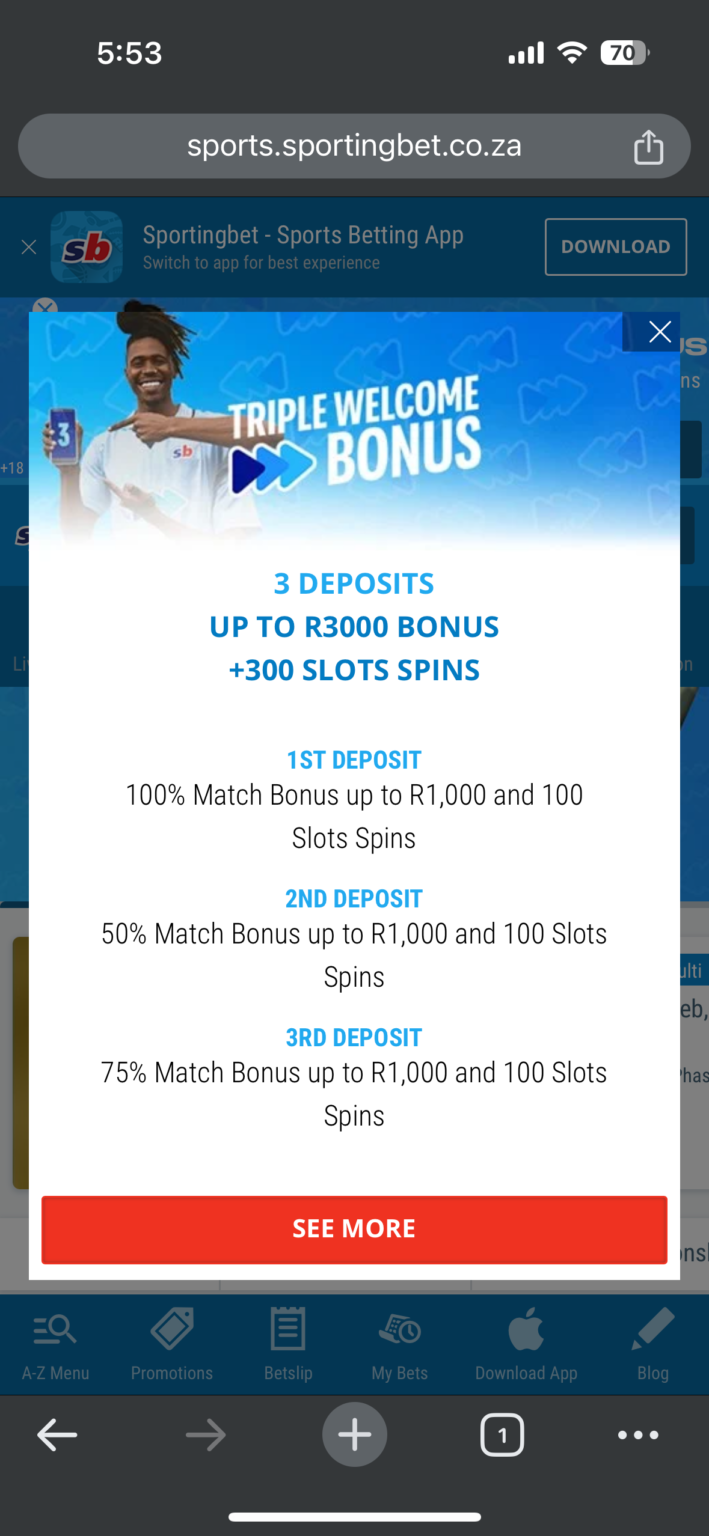 Sportingbet Welcome Bonus 🎁 3 DEPOSITS, R3000 IN BONUSES + 300 FREE SPINS.